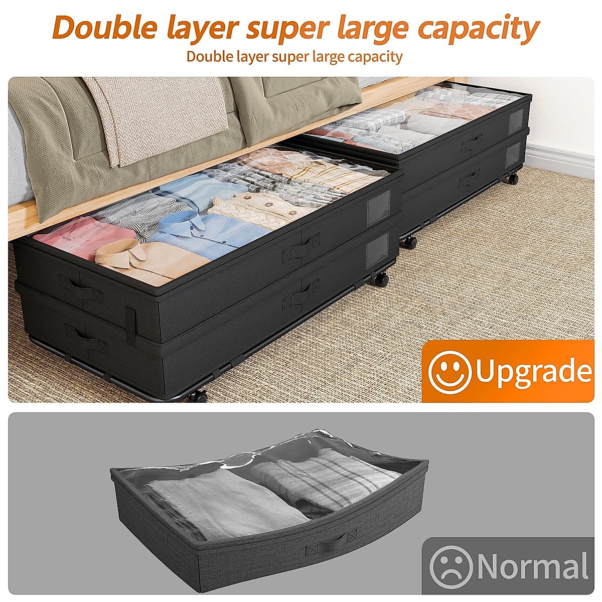 EnHomee Under Bed Storage with Wheels Underbed Storage with Wheels Under Bed Storage Containers with Clear Windows 134 QT Double Layer Large Capacity Under Bed Storage with Sturdy Handle (Black 2Pcs