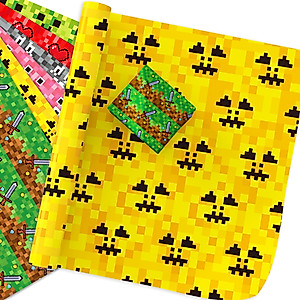 12 Sheets Pixel Style Gift Wrapping Paper,Pixel Miner Pattern Wrapping Paper For Video Game Party DIY Gift Packing Miner Crafting Birthday Party Favor, 20 x 27 Inch