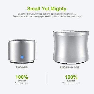 Travel Case Packed, Wireless Mini Bluetooth Speaker with Custom Bass Radiator. EWA A106, Small But Loud, The Next Generation of Portable Speakers for Home, Outdoors, Shower (Silver)1.89* 1.57 inches