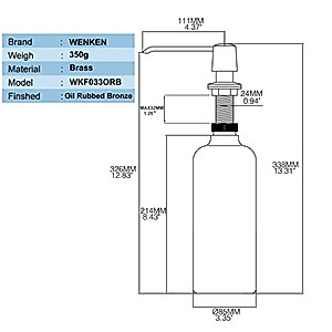 Brass Soap Dispenser, Large Capacity 34 OZ Bottle Built in Pump Kitchen Sink Soap Dispenser and Modern Dish Soap Dispenser Oil Rubbed Bronze