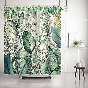 Yuiviot 12pcs Green Leaf Shower Curtain Hooks Rings, Tropical Botanical Theme, Cute Hangers for Bathroom Decor, Rust Proof and Heavy Duty, Eucalyptus, Palm Tree Decoration