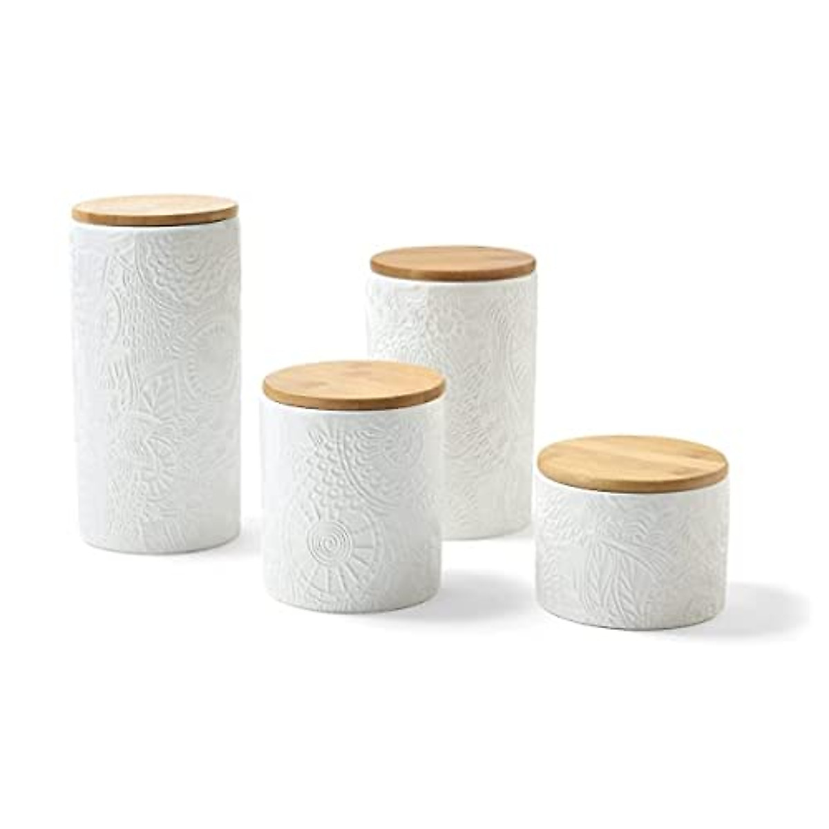 American Atelier Embossed Canister Set 4-Piece Ceramic Set Jar Container with Wooden Lids for Cookies, Candy, Coffee, Flour, Sugar, Rice, Pasta, Cereal & More White