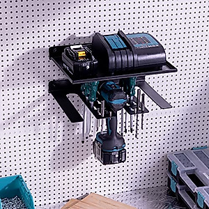 Navaris Drill Holder and Shelf for Pegboard or Wall - Tool Organizer Storage Accessories - Wall Mount Rack for Pegboards, Garage Walls, Power Tools