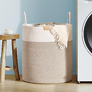 Nunsino 80L Laundry Hamper Basket,Baby Nursery Woven Storage Basket for Toys Bin,Pillows,Blankets,Clothes,Brown&White