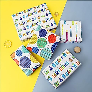 BULKYTREE Birthday Wrapping Paper for Boys Girls Kids Men Women Holiday Birthday Party - 3 Large Sheets Colorful Balloon 'Happy Birthday' Birthday Candles Gift Wrap - 27 Inch X 39.4 Inch Per Sheet