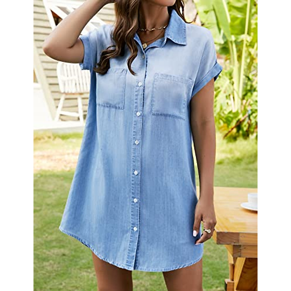 Women Denim Shirt Dresses Short Sleeve Distressed Jean Dress Button Down Casual Tunic Tops Blue XXL