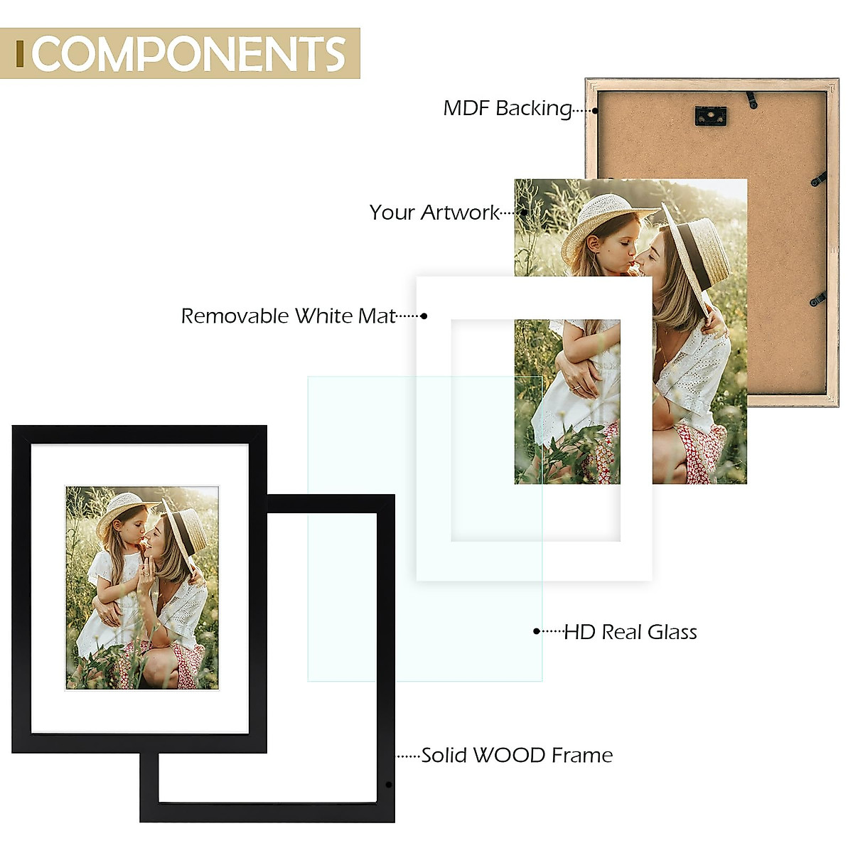 Golden State Art, 9x12 Picture Frame - Black Solid Wood With Tempered Glass - Display Pictures 6X8 with Mat or 9X12 Without Mat - Wall Hanging Photo Frame, 1 Pack