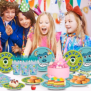AURORAPARTY 120pcs Monster Birthday Party Supplies Inc Paper Plates Napkins Cups Forks Girl Boy Little Monster Birthday Party Table Decorations Disposable Cake Tableware Set for 24 Guests