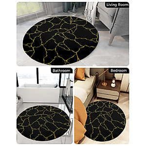 Black Gold Fluffy Round Area Rug Carpets 4ft, Plush Shaggy Carpet Soft Circular Rugs, Non-Slip Fuzzy Accent Floor Mat for Living Room Bedroom Nursery Home Decor Modern Geometric Abstract Art