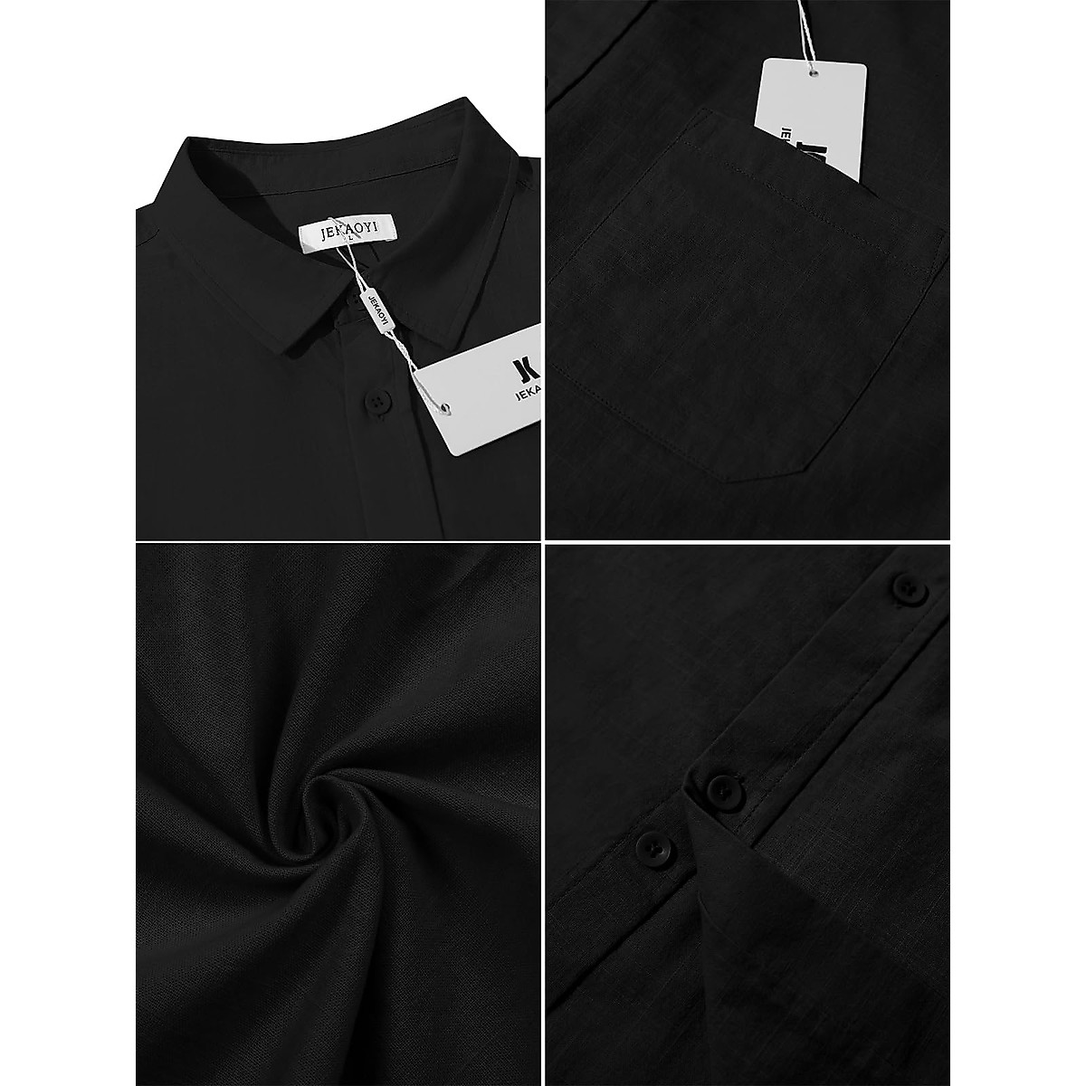 JEKAOYI Button Down Short Sleeve Linen Shirts for Men Summer Casual Cotton Spread Collar Beach Shirts (Black, X-Large)