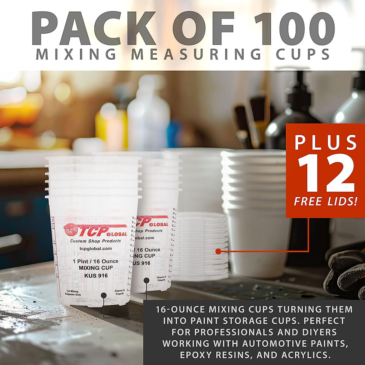 (Full Case of 100 each - Pint (16oz) Paint Mixing Cups) by Custom Shop - Cups have calibrated mixing ratios on side of cup Box of 100 Cups Epoxy Resin Epoxy Resin