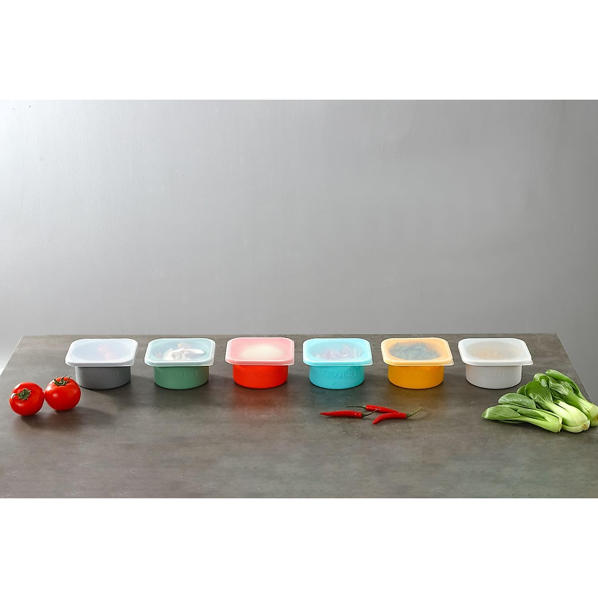 KEVJES Stackable Silicone Pizza Dough Tray with Lids-500ml portion-6pack (2 Green+2 Blue+2 Grey)