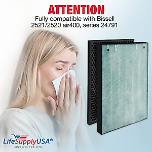 LifeSupplyUSA 3-in-1 True HEPA Air Cleaner Replacement Filter + Pre-Filter + Carbon Filter Compatible with Bissell 2521/2520 air400, series 24791 Air Purifiers