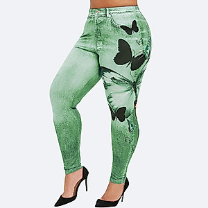 Women's Denim Print Fake Jeans Leggings Plus Size Casual Imitation Cowboy Leggings Elasticity Slim Cropped Pants