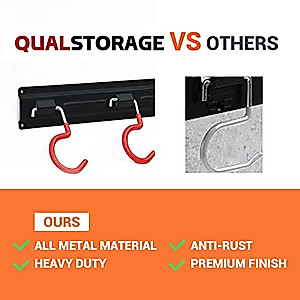 QualStorage 64" All Metal Garden Tool Organizer Wall Mount Mop Broom Holder Heavy Duty Garage Storage Organization for Shovel,Mop,Broom,Rake and Yard Tool(4 Rails, 16 Hooks)