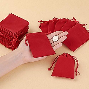 FASHEWELRY 100 Pack Red Drawstring Velvet Bags 3.6x2.8 inch Jewelry Candy Storage Present Packaging Small Pouches for Wedding Party Favor