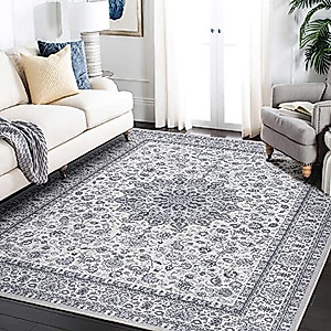Area Rug Living Room Rugs: 8x10 Oriental Persian Floral Distressed Carpet Large Machine Washable Indoor Non Slip Carpets for Under Dining Table Farmhouse Bedroom Nursery Home Office Grey Blue
