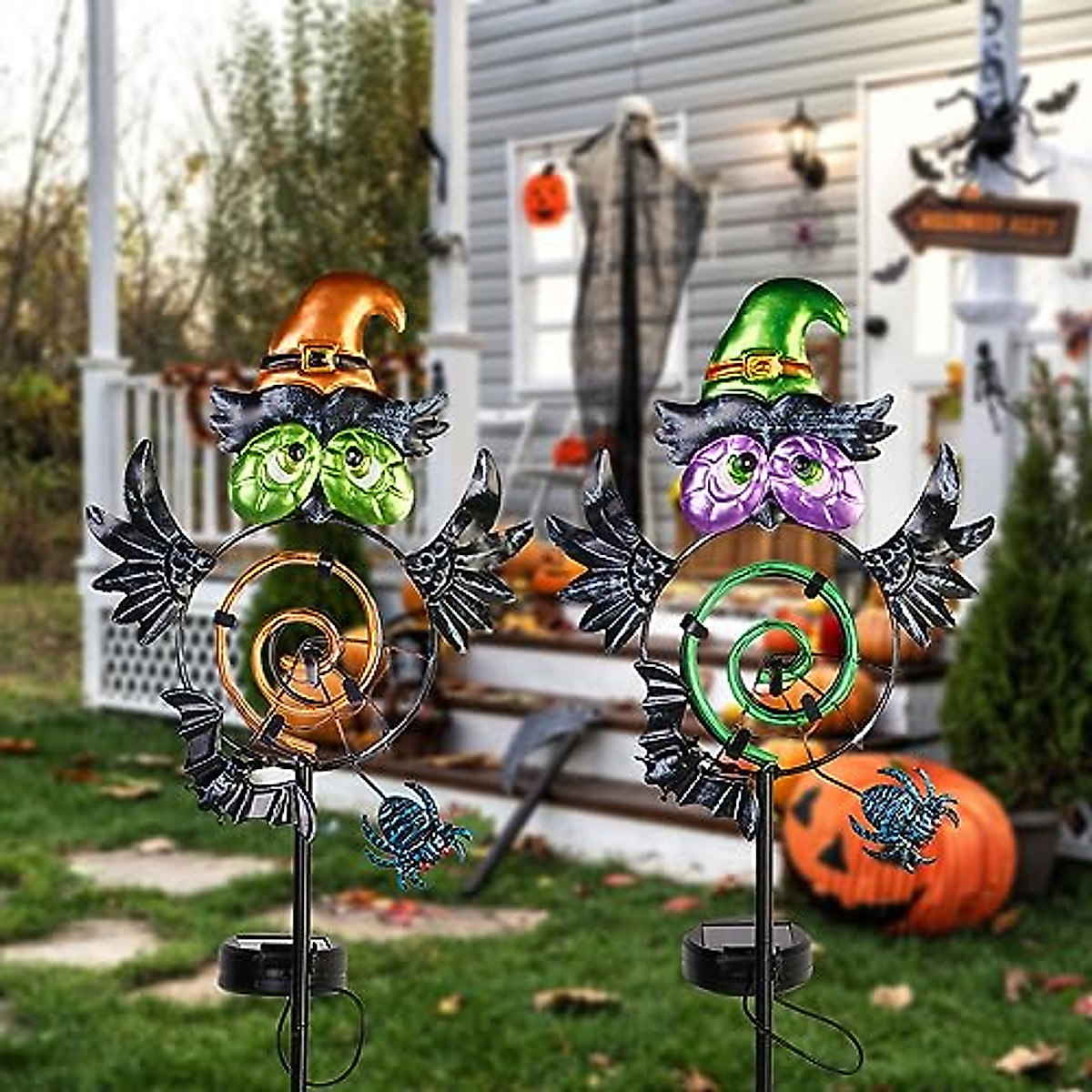 Viveta Halloween Solar Lights Outdoor, 2 Pack Halloween Solar Stake Lights Owl Decor with Led Lights for Pathway Garden Yard Patio
