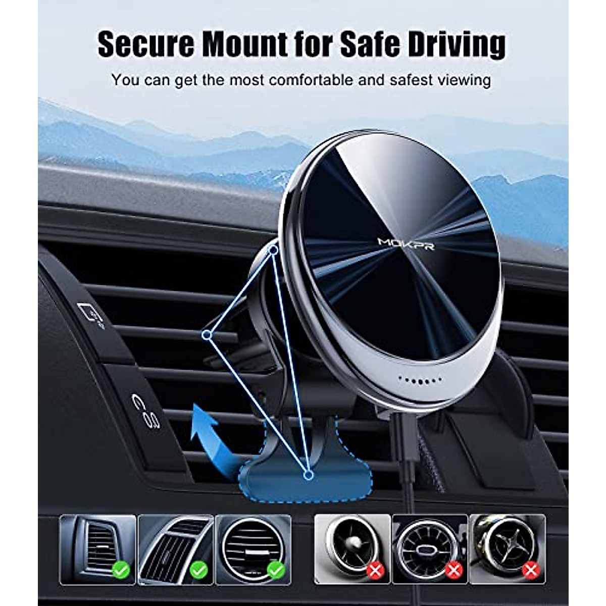 [2023 Upgraded] Magnetic Wireless Car Charger, MOKPR Air Vent Mag-Safe Car Charger Mount Compatible with iPhone 14/14 Plus/14 Pro/14 Pro Max and 13/12 Series, with 36W QC 3.0 Fast Car Charger
