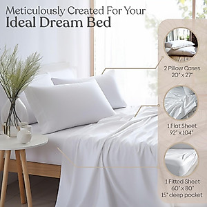 Queen Size White Color Flat and Fitted Sheet Set of 4 | Haus and Kinder 400 TC Hotel Luxury Breathable Bedding Sheets | 100% Long Staple Cotton, Sateen Weave Bed Sheets (Queen, White)