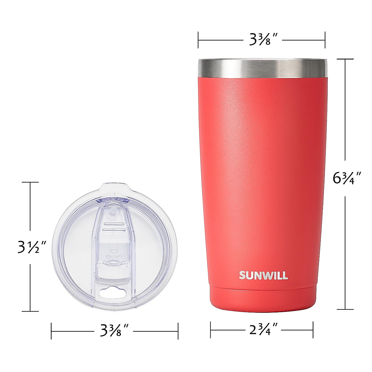 SUNWILL Travel Coffee Tumbler 20 oz, Insulated Mug with Lid, Stainless Steel Cup for Hot and Cold Drinks, Powder Coated Coral