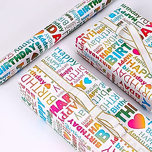 MAMUNU Happy Birthday Wrapping Paper for Kids Girls Boys Women Men, Gradient Light Color Happy Birthday Lettering Wrapping Paper Birthday, Gift Wrap Paper for Birthday Occasions, 6 Sheets, 17x30 Inch