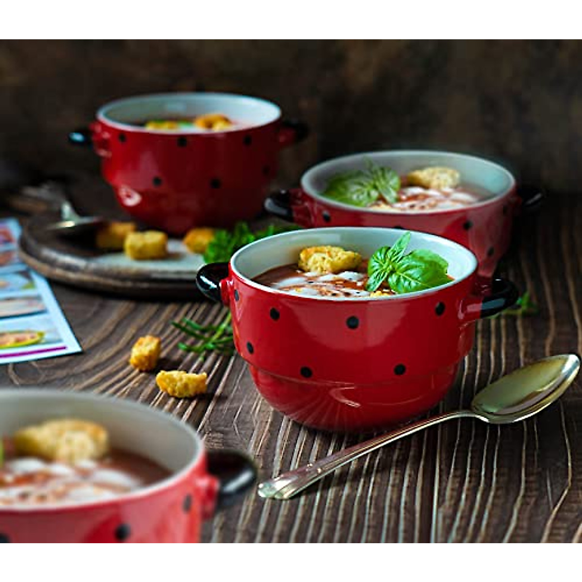ECODECO Soup Bowls with Handles - Ceramic - Polka Dot Red - 16 Ounce - Set of 4 - French Onion Soup Crocks for Oven Baking