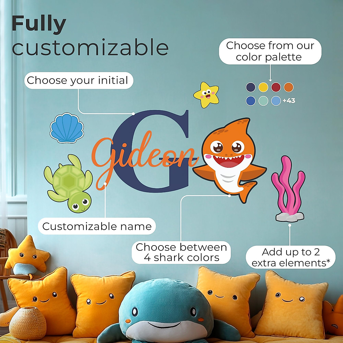 EGD Personalized Baby Shark Wall Decor I Name & Initial Wall Decals I Custom Name for Your Baby Room Decoration I Nursery Decor for Girls & Boys I Multiple Options for Customization