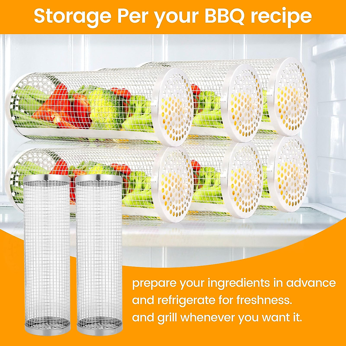 [2 PCS]BBQ Grill Basket - Rolling Grilling Baskets for Outdoor Grilling,Grill Baskets for Outdoor Grill Vegetables,Round Grill Basket,Barbecue Grill Vegetable Basket for Veggies,Fish,Jalapeno,Cylinder