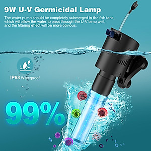 FishCheers Aquarium Filter for 25-198 Gal Fish Tanks, Green Killing Machine with 9W U-V Light Small Fish Tank Filters, Maximum Flow 185 GPH Submersible Aquarium Filter