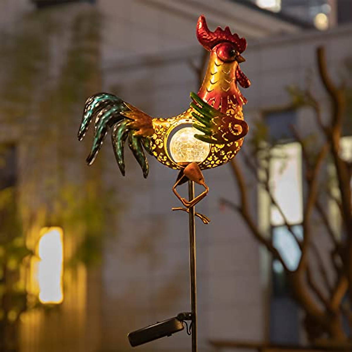Tryme Solar Lights Outdoor Decorative Rooster Garden Decor Chicken Crackle Glass Globe Stake Lights Waterproof Warm White LED Yard Decor for Pathway Lawn Patio Courtyard Backyard
