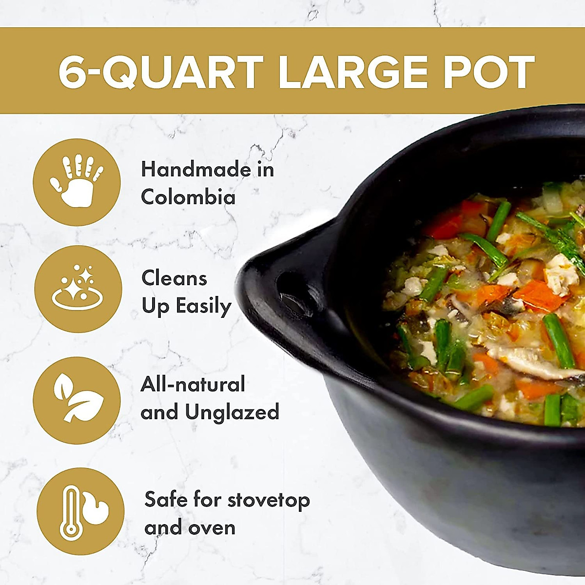 Toque Blanche Clay Pot Essentials - Versatile Clay Cooking Pots, Handmade Earthenware Cookware - Perfect for Cooking Soups, Stews, and More | Black - 6-Quart Large Pot with Handle & Lid