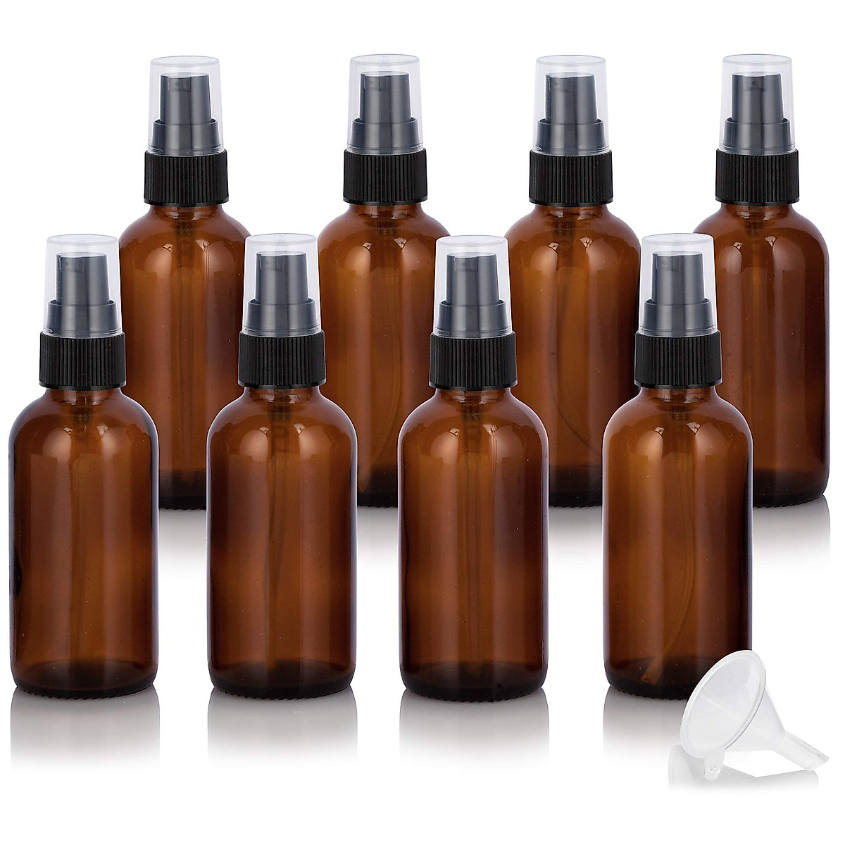 JUVITUS 2 oz Amber Glass Boston Round Black Treatment Pump Bottle (8 pack) + Funnel