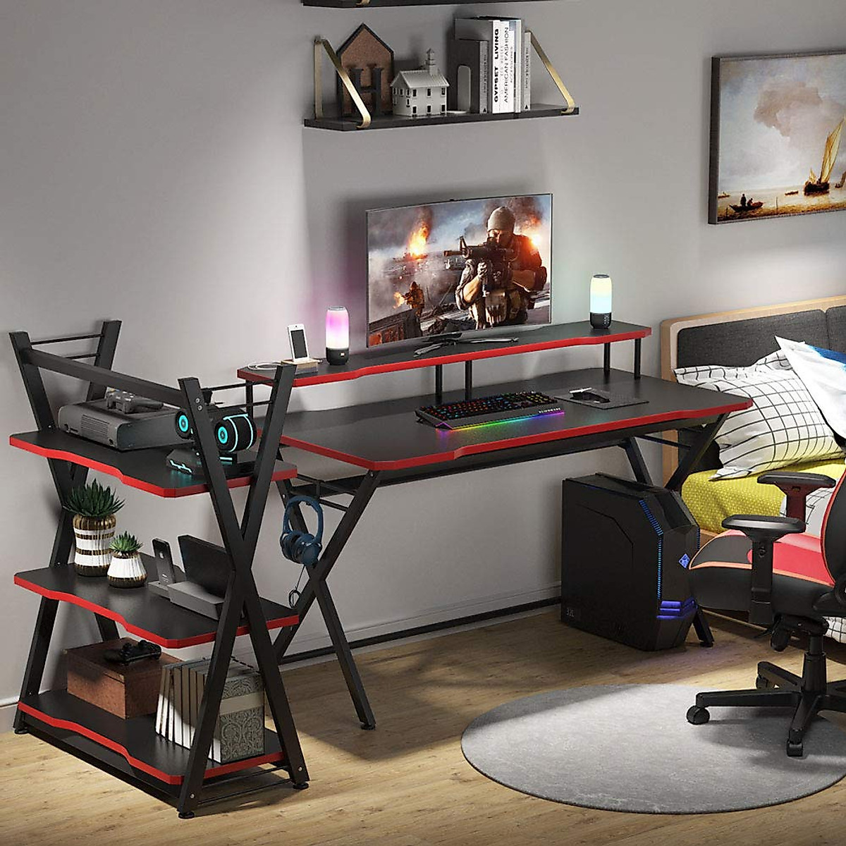 Tribesigns 55 inch Large Gaming Desk for 2 Monitors, Ergonomic PC Gaming Table Gamer Computer Desk with Monitor Stand and Headphone Hook for Home Office