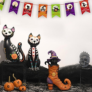 Newman House Studio Sugar-Skull Halloween-Decorations - Day-of Dead-Figurines Floral Cats Couple-Decor Dia de Los Muertos Black Kitten Collectibles Set of 2, 6.3L x 4.0W x 10.2H inch