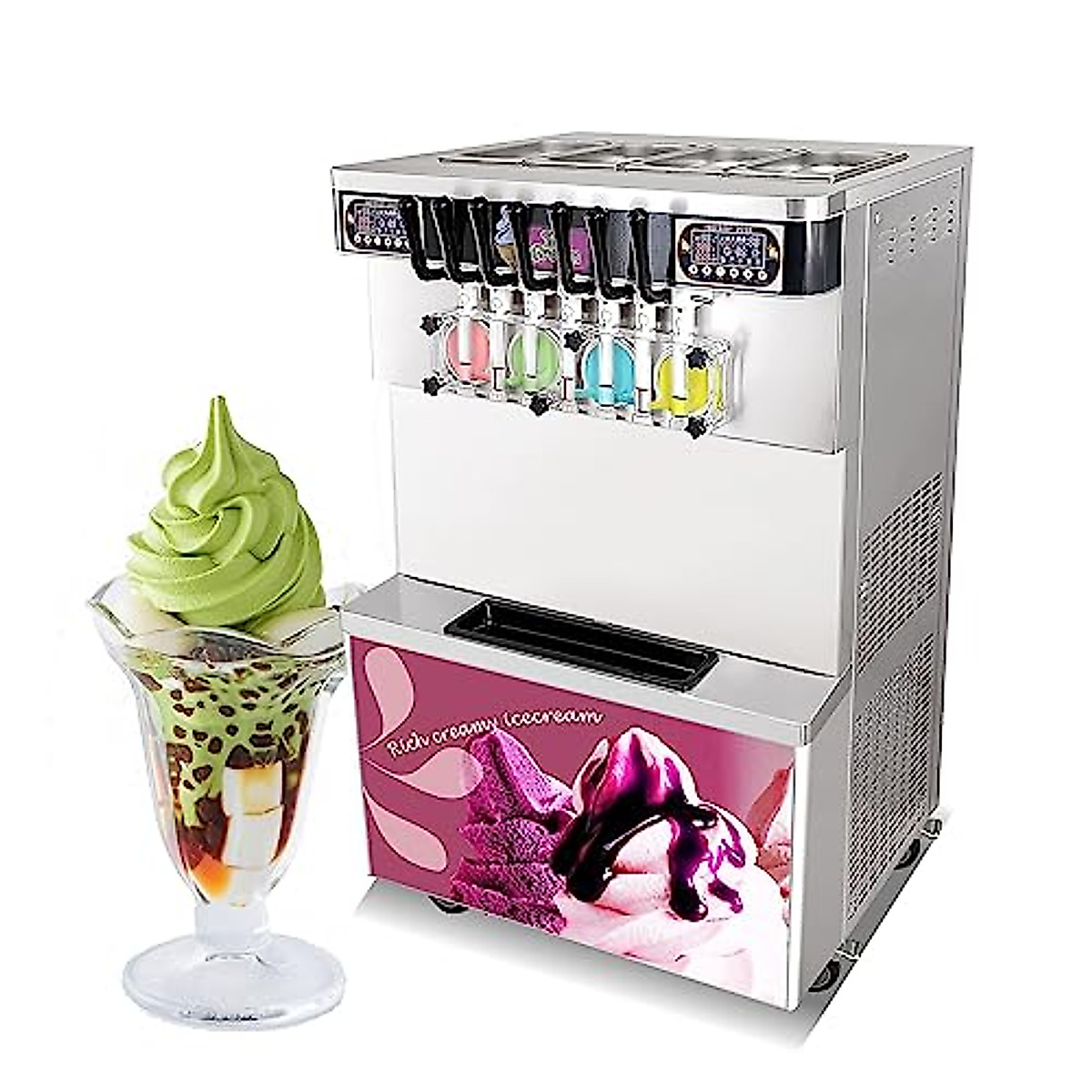Kolzayier ETL Commercial 7(4+3 Mixed) Flavors Soft Ice Cream Machine,Floor Style Heavy Duty Soft Serve Ice Cream Maker,17 gallon/Hour,Upper Tanks Refrigerated,full Transparent Dispenser Set