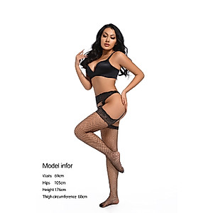 IMMIGOSE Women's Fishnet Tight High Stockings With Black Lace Garter Belt-(S-M)