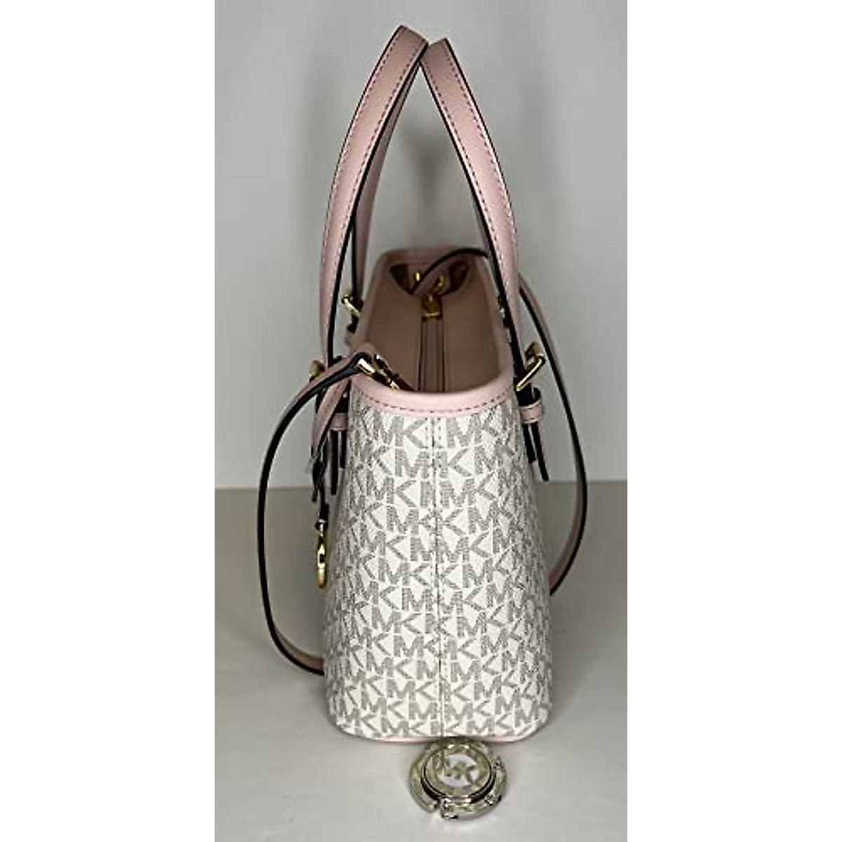 Michael Kors Jet Set Travel XS Carryall Convertible Top Zip Tote bundled with SM TZ Coinpouch and Purse Hook (Signature MK Vanilla/Pink)