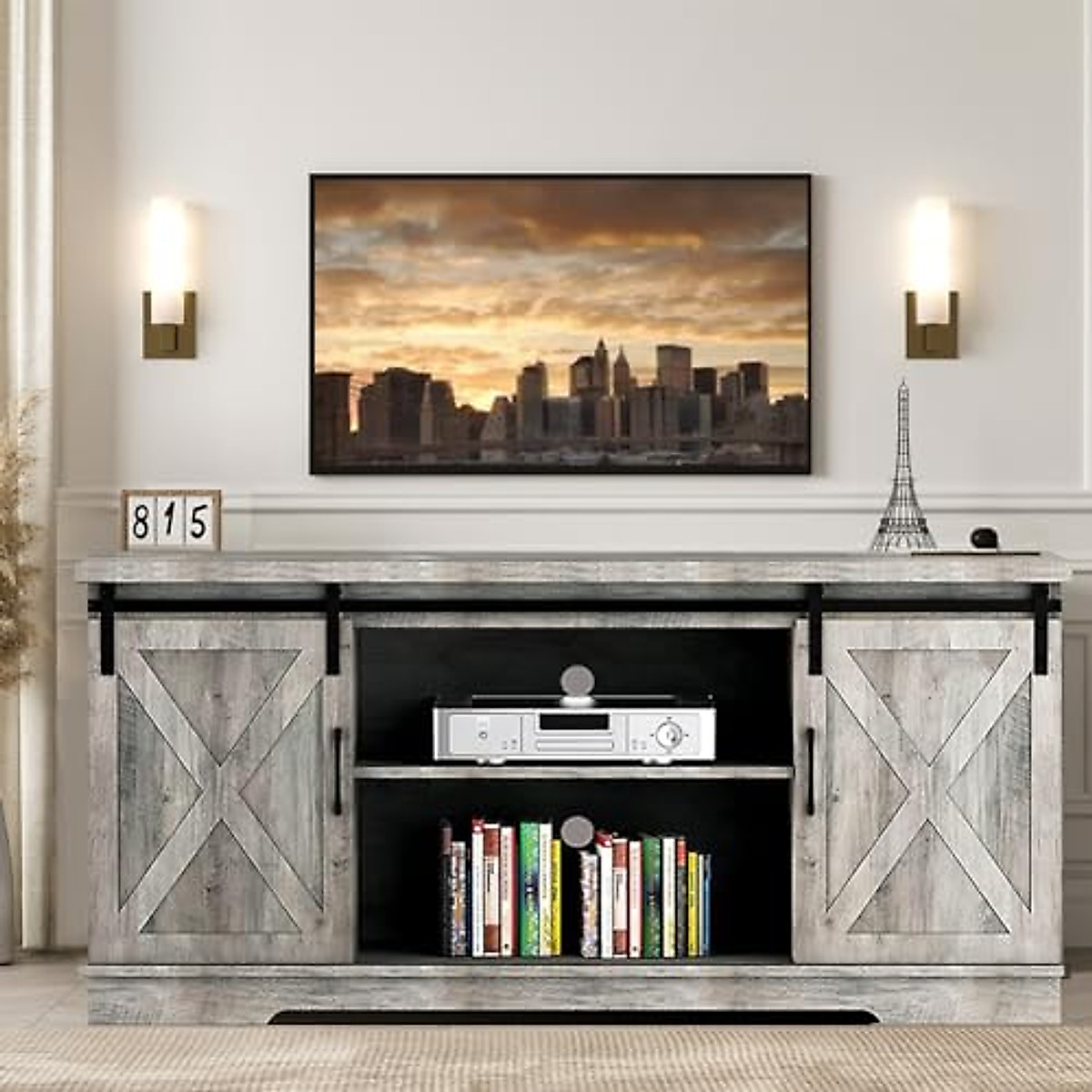 IDEALHOUSE Farmhouse TV Stand, Entertainment Center for 65 Inch TV Media Console Table, Grey Barn Door TV Stand with Storage and Shelves, Modern TV Console Cabinet Furniture for Living Room