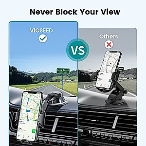 VICSEED Phone Mount for Car [Doesn't Block View & Thick Case Friendly] Car Phone Holder Mount, Strong Suction Cell Phone Holder Car Dashboard Air Vent Windshield Fit with iPhone 14 13 12 & All Phones