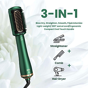 LENA Hair Straightener Brush Dryer PRO Blow Dryer Hot Air Brush - Anti-Scald Straightening Iron Comb Styler with Extra Ion Care, Far Infrared Heating and 3 Modes for Long & Medium Length Hair, Green