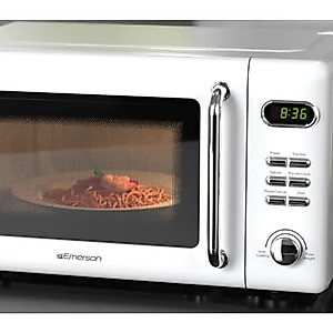Emerson MWR7020W Compact Countertop Microwave Oven with Button Control, LED Display, 700W 5 Power Levels, 8 Auto Menus, Glass Turntable and Child Safe Lock, 0.7, Retro White