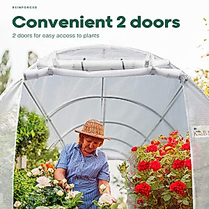 KING BIRD Upgraded 15x6.6x6.6FT Large Walk-in Greenhouse Heavy Duty Galvanized Steel Frame 2 Zippered Screen Doors 8 Screen Windows Tunnel Garden Plant Hot Green House 20 Stakes 4 Ropes 2 Gloves White