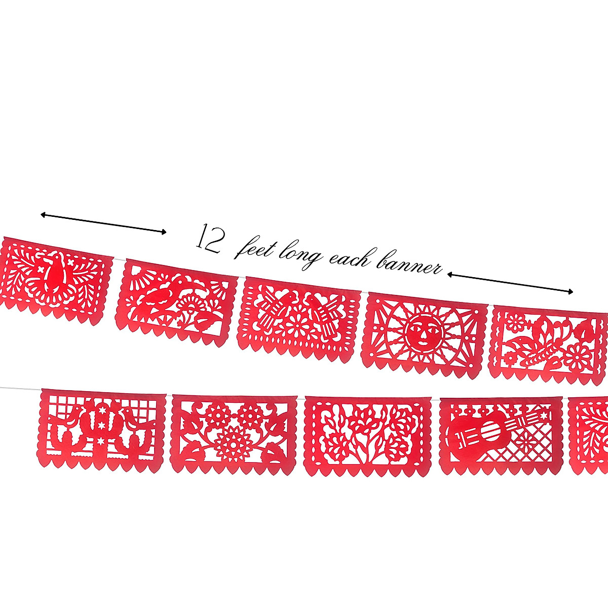 Red Papel Picado Flags, Fiesta Party Decoration, Mexican Paper Banner, Garland, Bunting, Streamers for Birthday Parties, Baby Showers, quinceaneras, Bridal Shower, Engagement Weddings 5 pk | 60ft