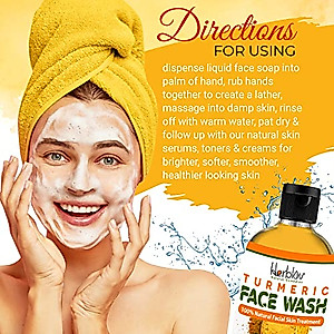 Herblov Turmeric Face Wash, 4oz Turmeric Clear Skin Liquid Soap – 100% Natural Anti Aging Exfoliating Turmeric Facial Cleanser for Spots, Clearing Acne Scars, Age Spots, Sun Damage, Discoloration – Turmeric Soap Skin Detox Made in USA