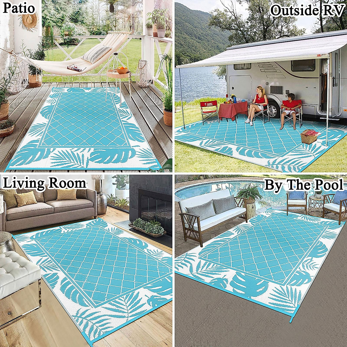 Ileading Outdoor Rug Carpet for Patio 4' x6' Waterproof Reversible Plastic Straw Rug Portable Outside Area Rug Camping Mat for Patio, Clearance, Balcony, Picnic, Pool, Beach, RV, Deck, Leaf Teal