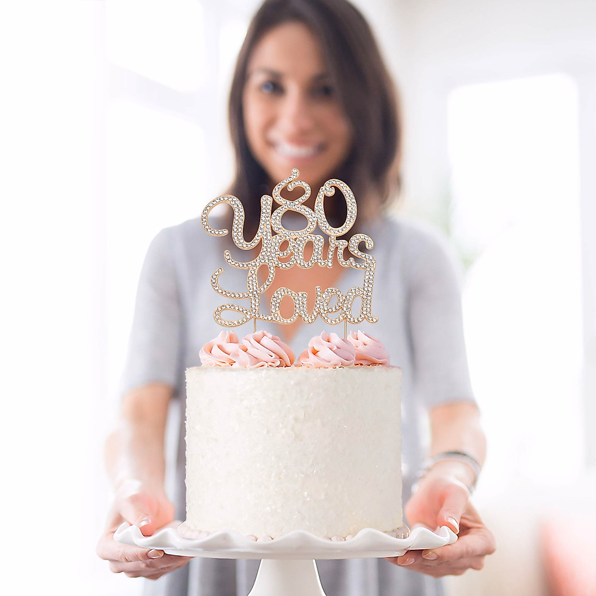 80 Cake Topper - Premium Rose Gold Metal - 80 Years Loved - 80th Birthday Party Sparkly Rhinestone Decoration Makes a Great Centerpiece - Now Protected in a Box