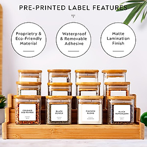 Laramaid 5oz 12Packs Glass Jars Set with Minimalist Spice Labels, Square Spice Jars with Bamboo Lids and White Vinyl Customized Sticker Labels, Food Storage Container Canisters