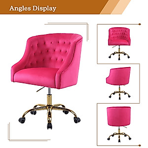 Velvet Home Office Chair with Gold Base, Comfortable Modern Cute Desk Chair, Adjustable Swivel Task Chair for Living Room Bedroom Vanity Study, Fushia