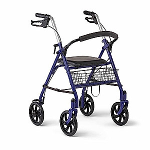 Medline Steel Rollator With 8 Inch Wheels, Folding Rolling Walker, Adjustable Arms, Supports 300 Lbs, Blue